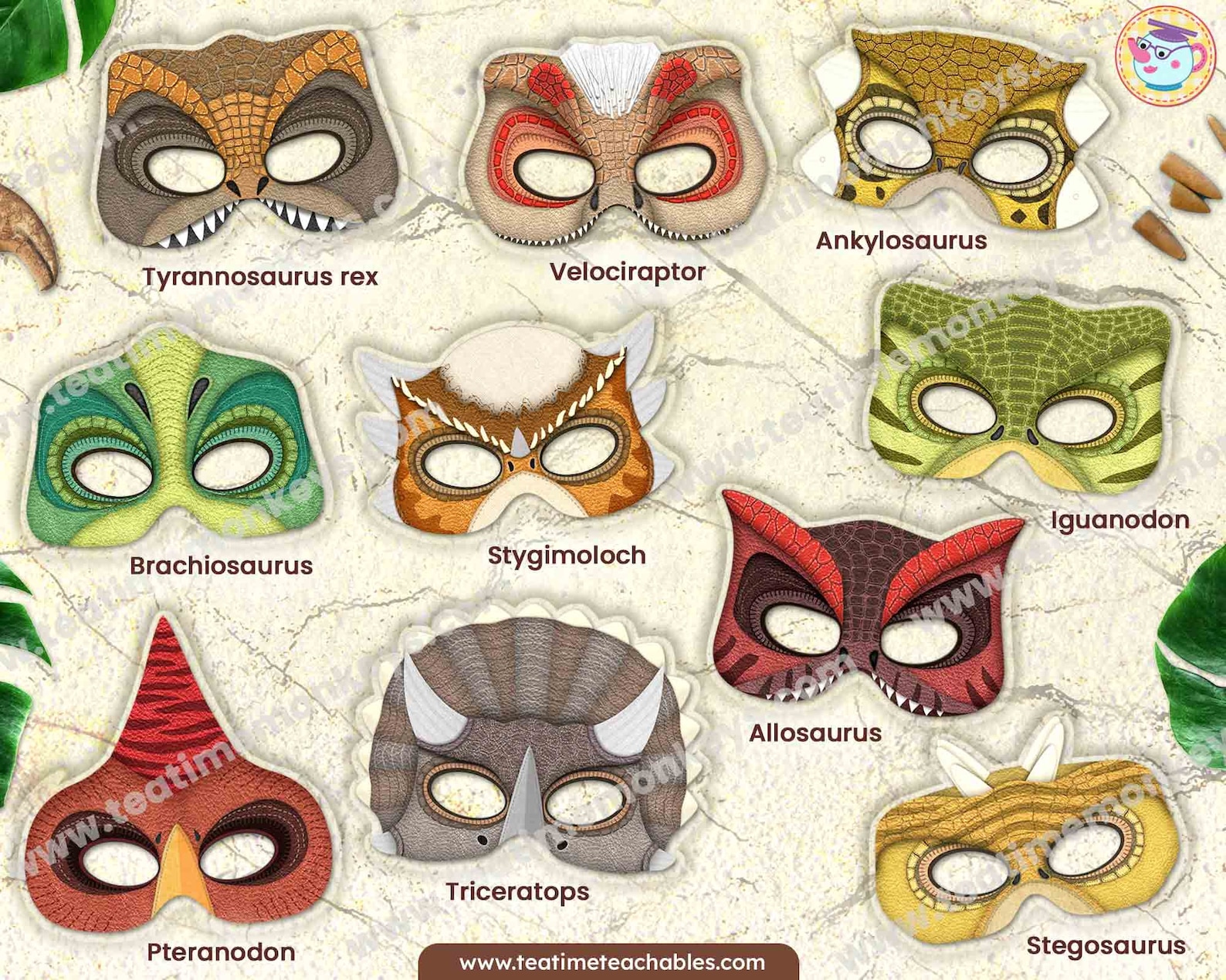 DINOSAURS Masks for Kids - TEN Printable Masks in Color - PDF ...