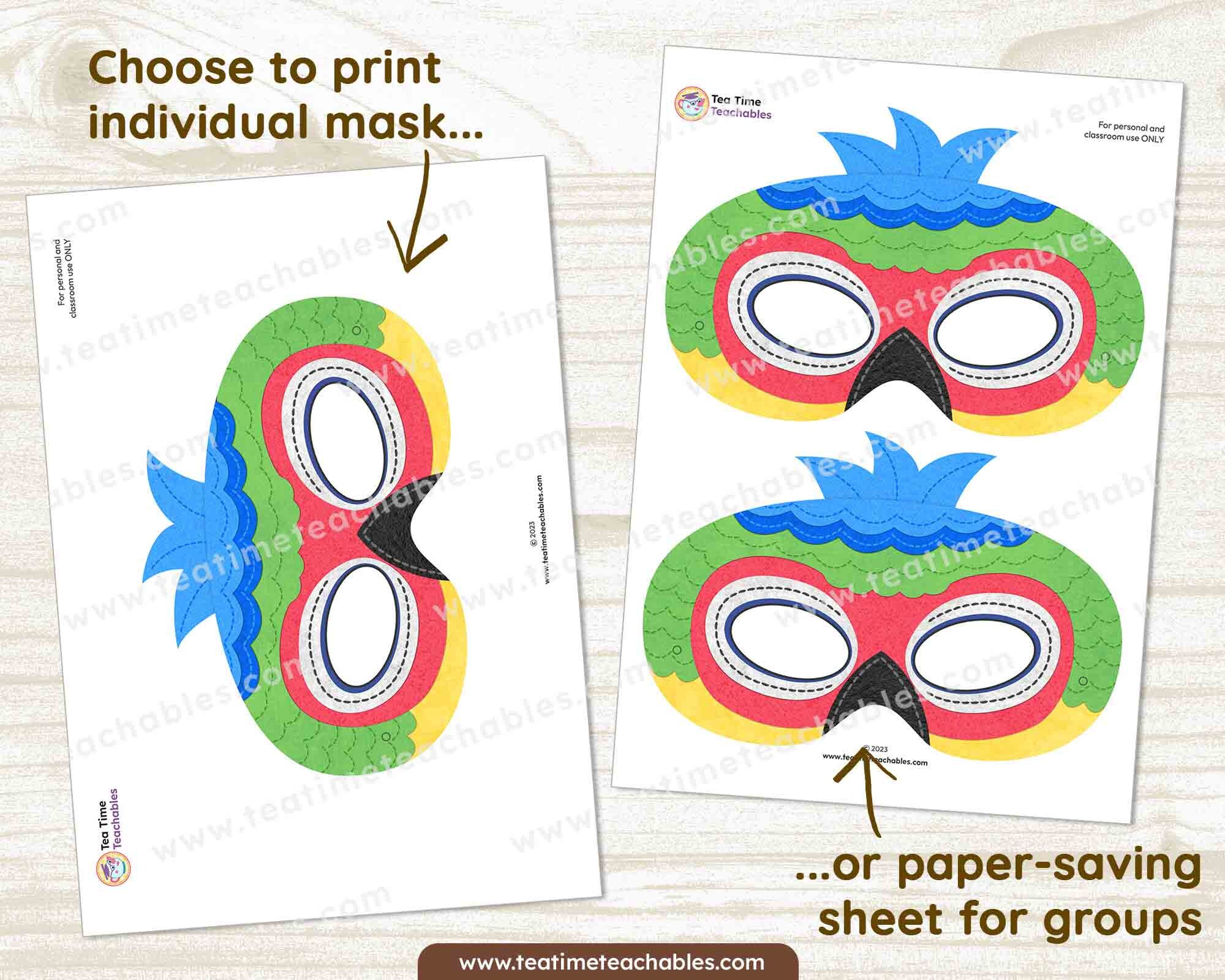 PARROT Mask: in Color and for Coloring - Printable Jungle Animals Mask ...