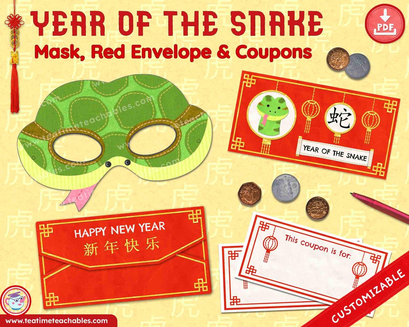 Year of the Snake Craft Pack: Precolored Printable Mask, Envelope ...