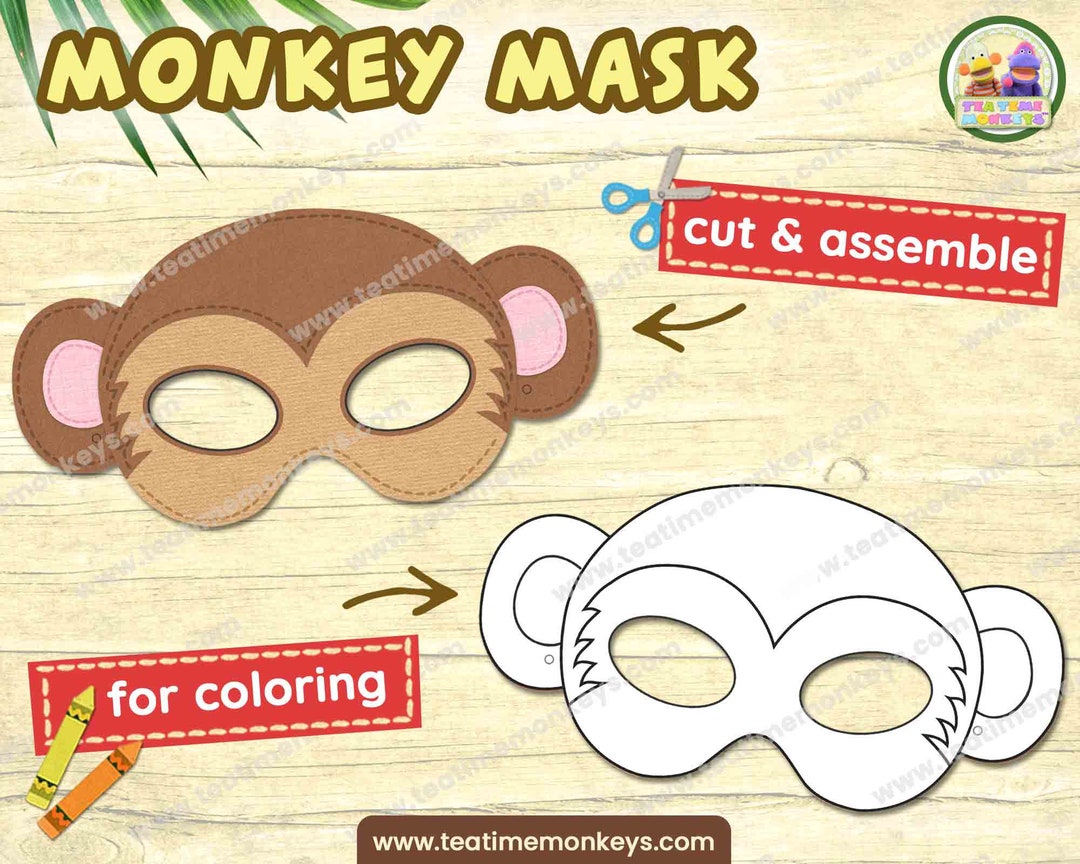 MONKEY Mask: in Color and for Coloring Printable Jungle Animals Mask ...