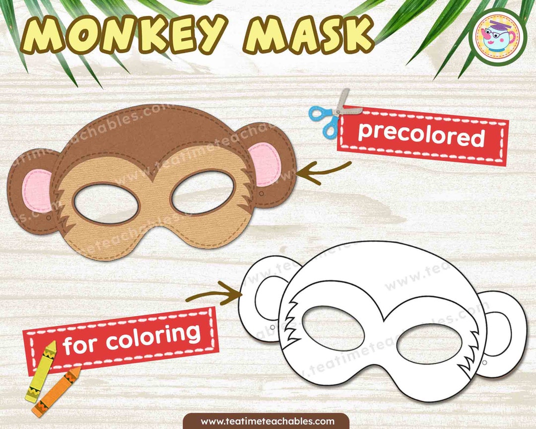 MONKEY Mask: in Color and for Coloring - Printable Jungle Animals Mask ...