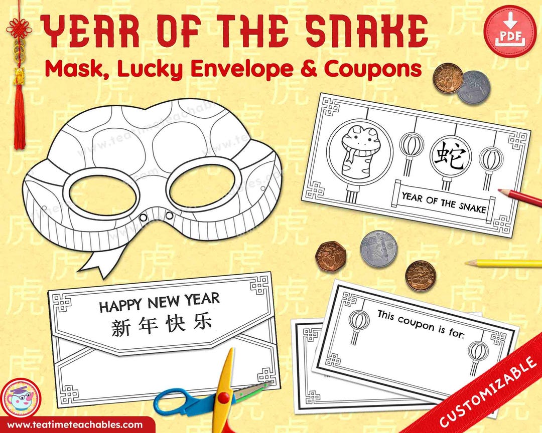 Year of the Snake Craft Pack - Lunar New Year Black Line Printables for ...