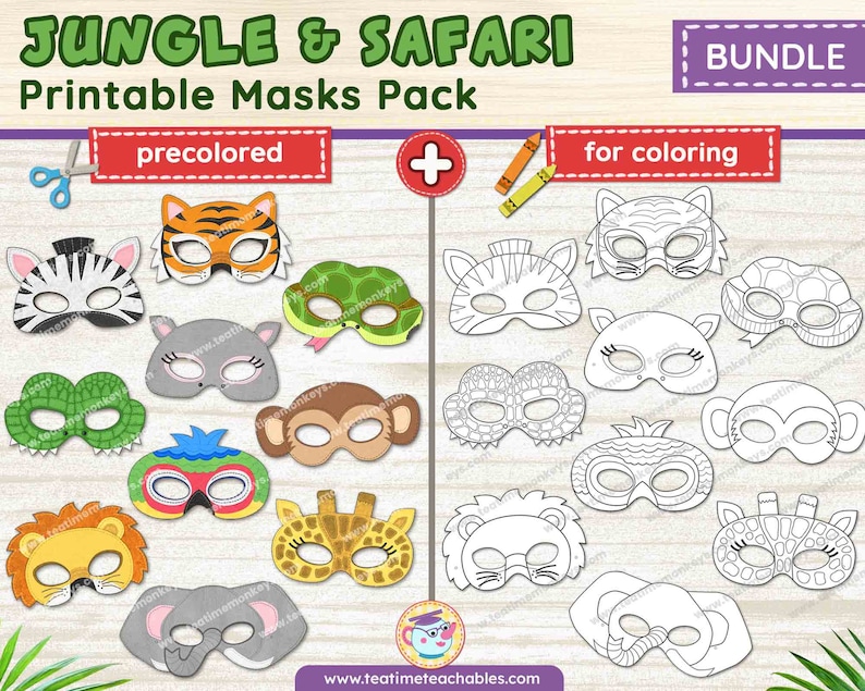 JUNGLE ANIMALS Masks Bundle | Precolored + for Coloring | 20 Printable ...