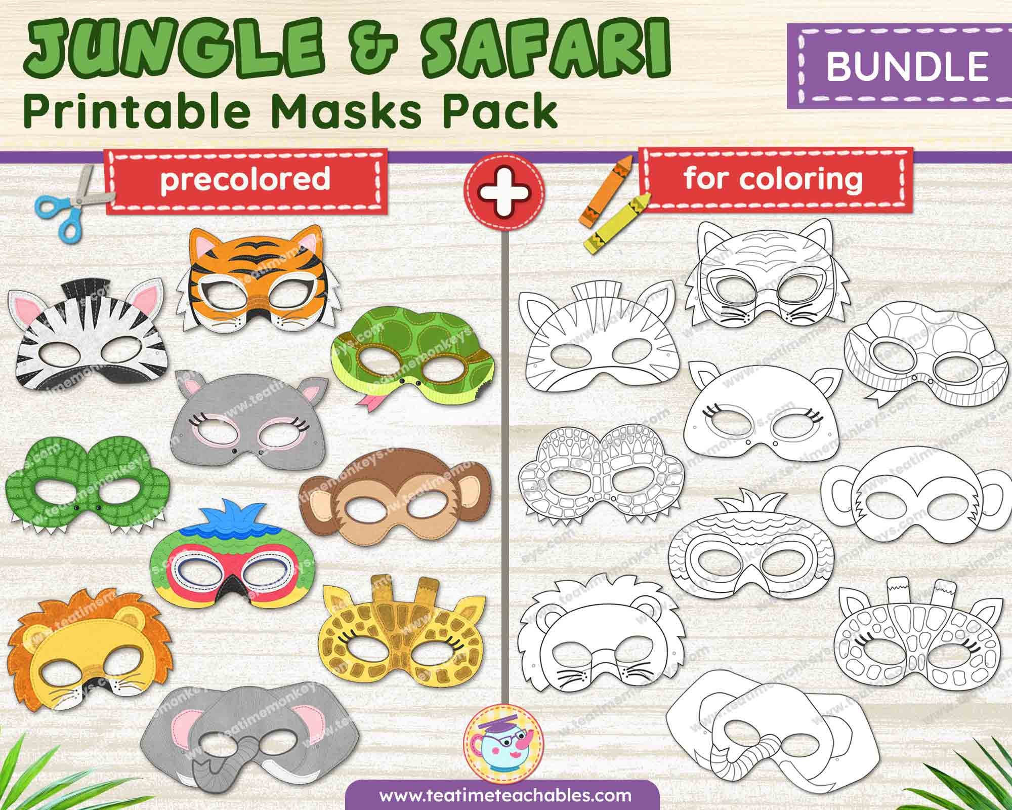 JUNGLE ANIMALS Masks Bundle | Precolored + for Coloring | 20 Printable ...
