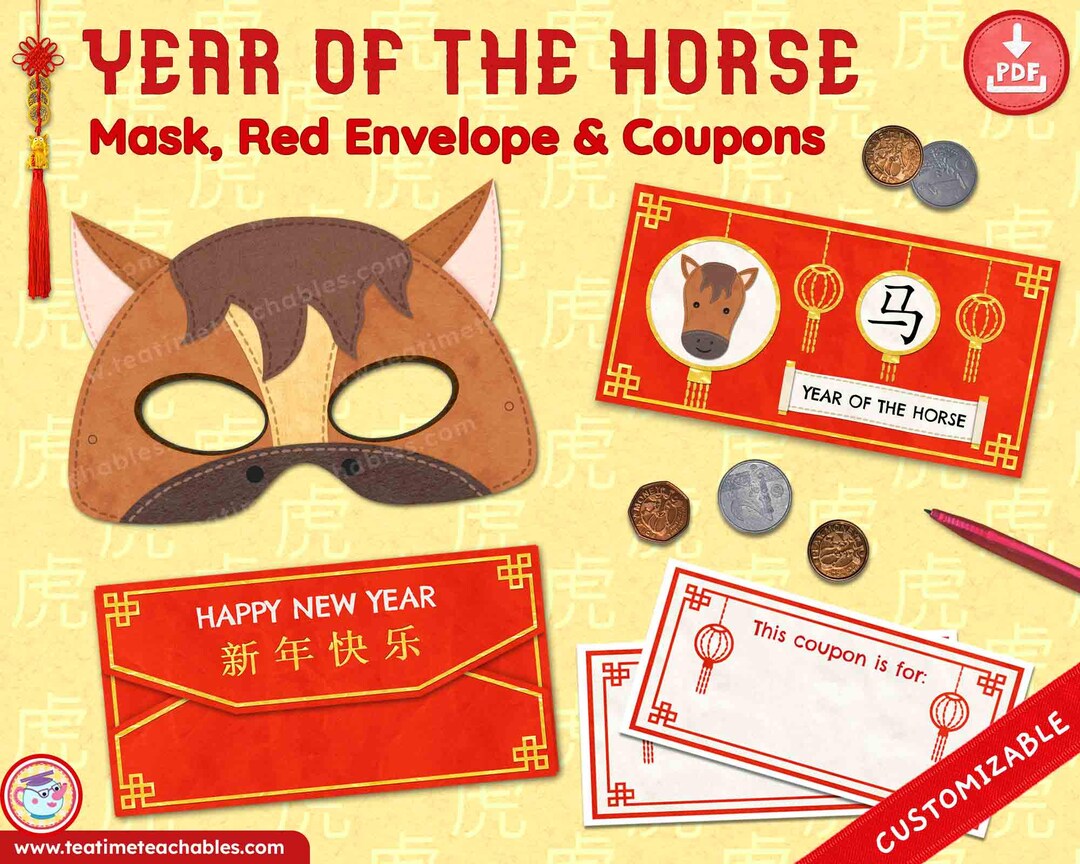 Year of the Horse Craft: Precolored Printable Mask, Red Envelope ...