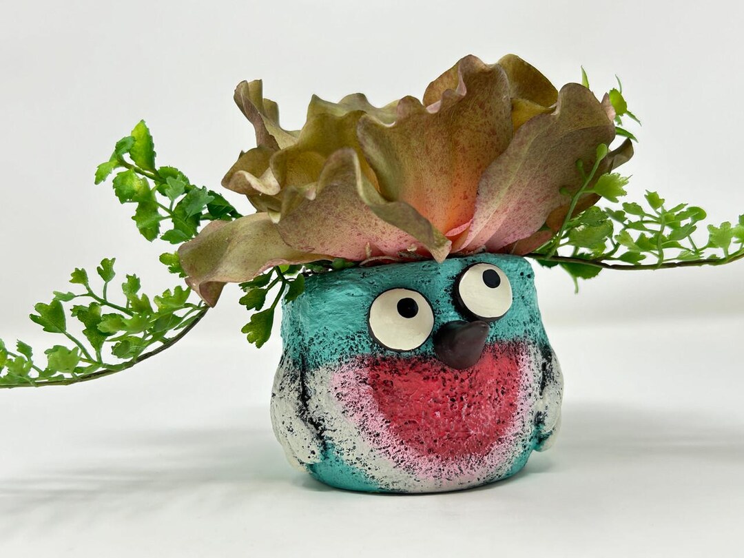 4" BLUE Blob House Beautiful Birds Pot Planted WITH Soft Faux PINK ...