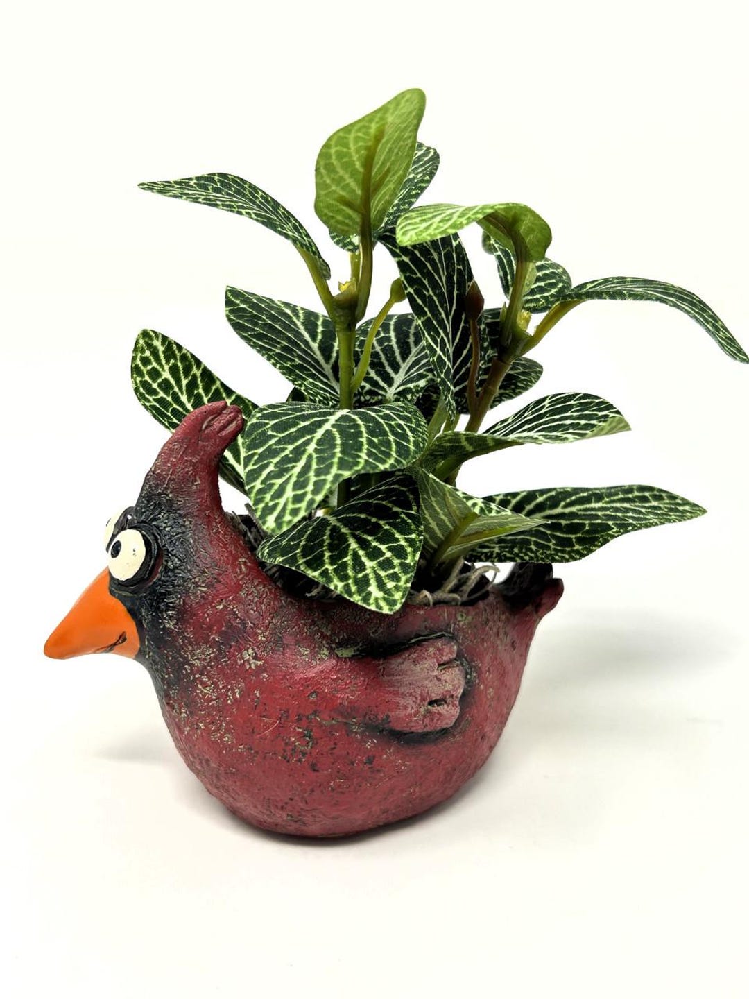 4.5" BABY CARDINAL Blob House Mini Pot WITH Faux Silk Green Fittonia ...