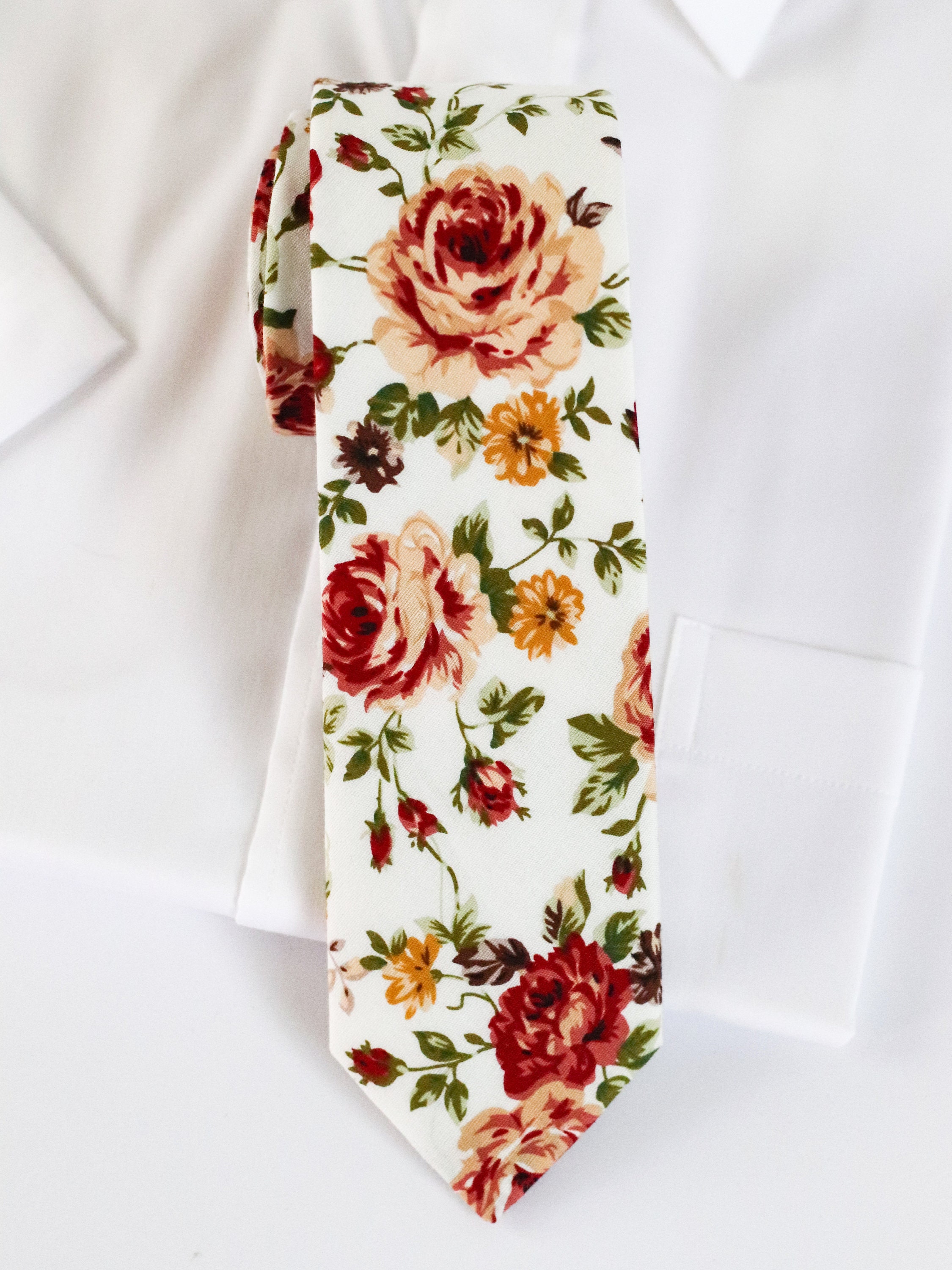 Ivory Floral Cotton Tie, Wedding Skinny Necktie, Handmade - Etsy