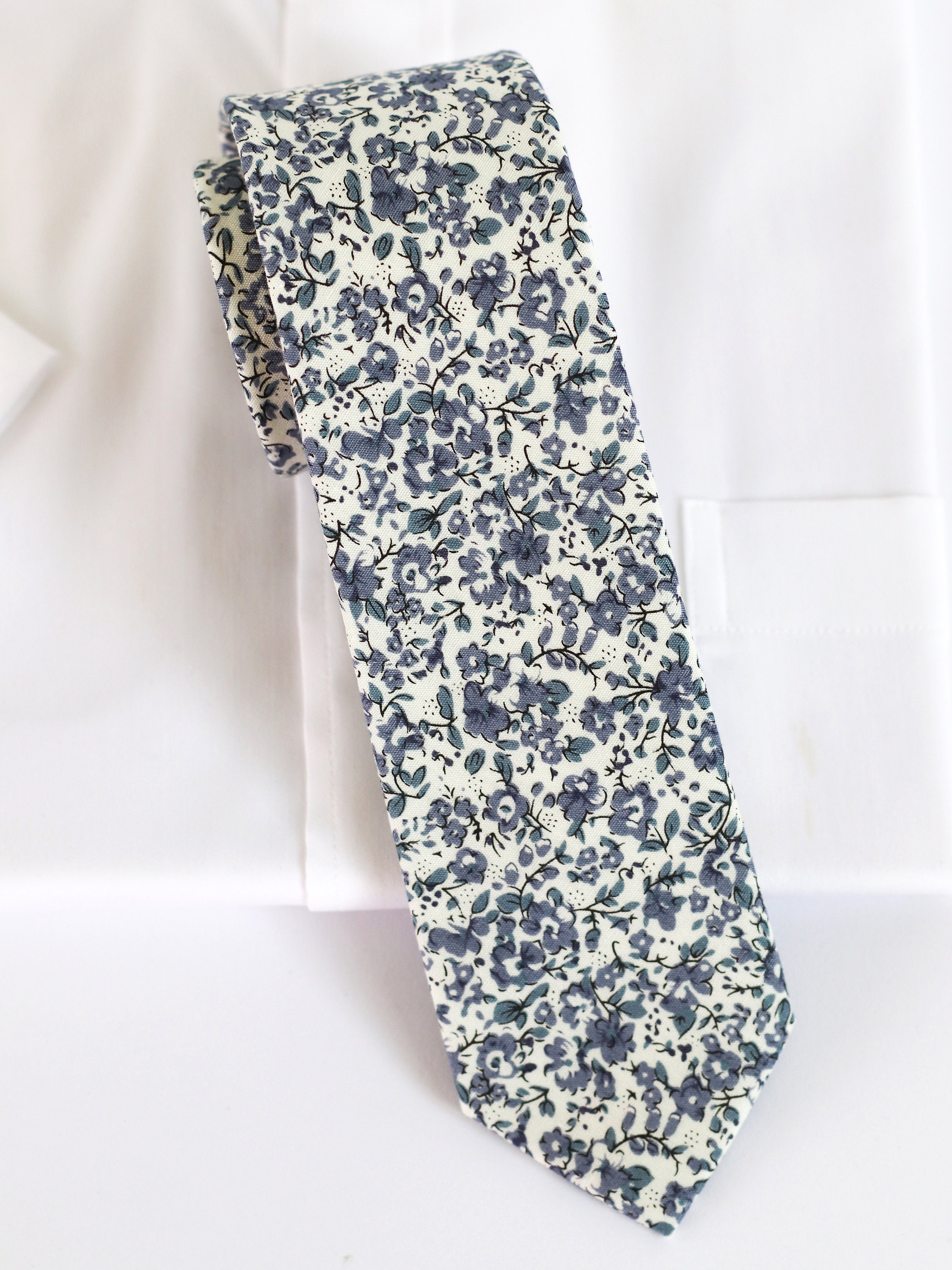Steel Blue Floral Cotton Necktie, Handmade - Etsy
