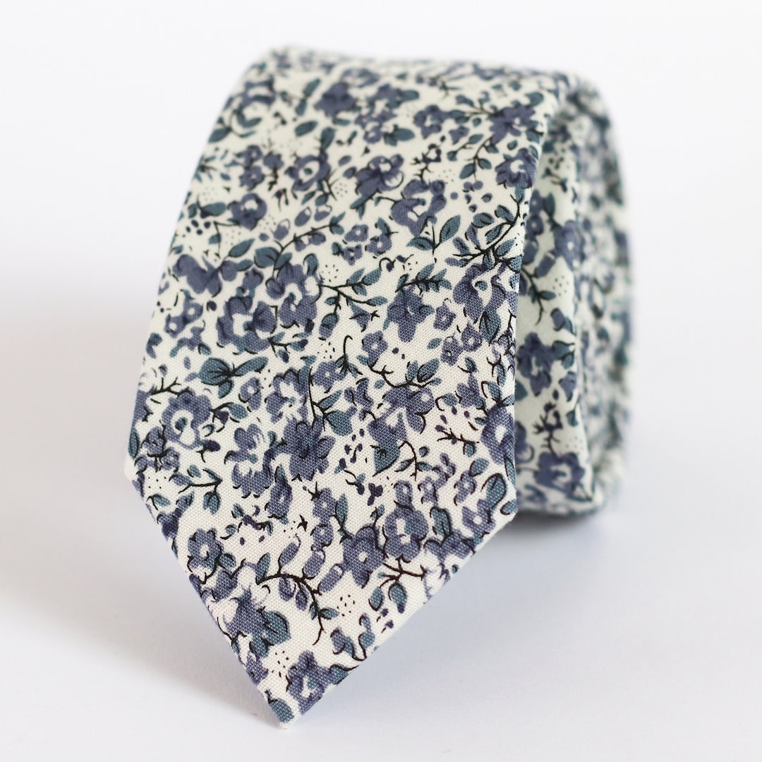 Steel Blue Floral Cotton Necktie, Handmade - Etsy