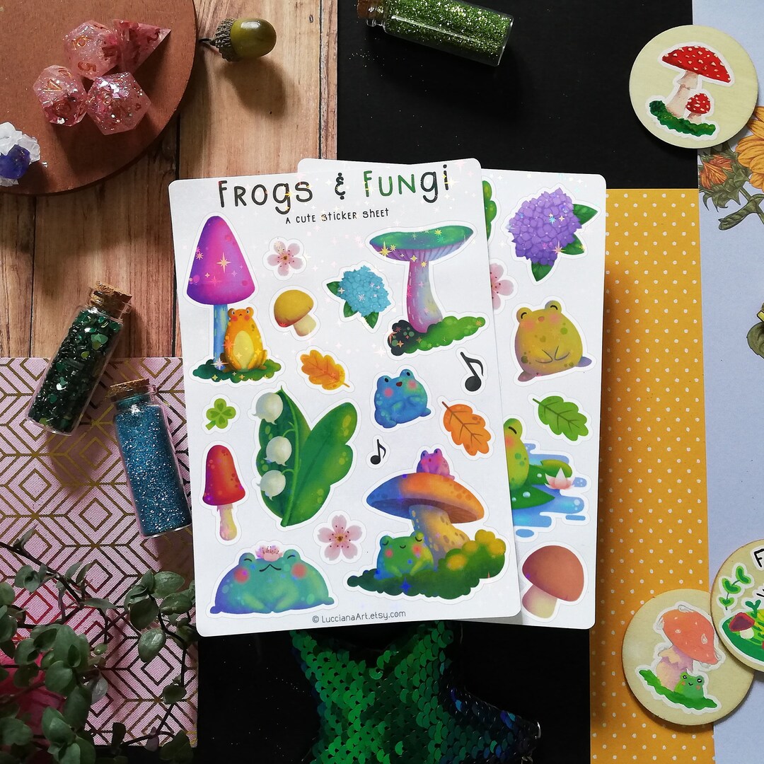 Holographic Sticker Mushroom Frogs Cute Frog Sticker, Mushroom Sticker ...