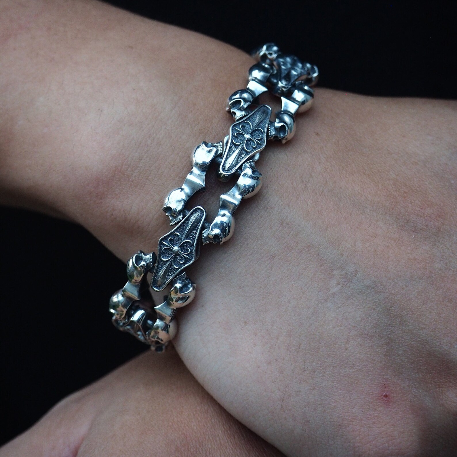 Gothic Skull Sterling Silver Bracelet Men's Bracelet - Etsy