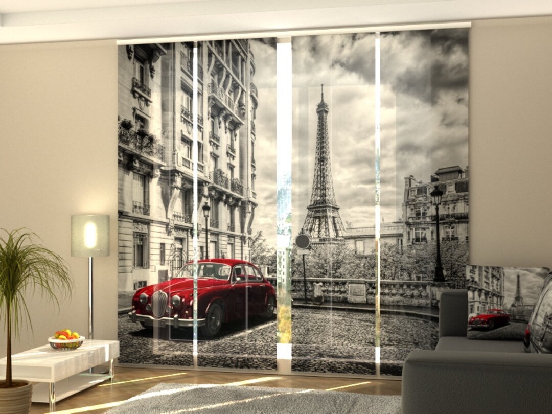Sliding Panel Curtain Red Retro Limousine on the Street of Paris, Set ...