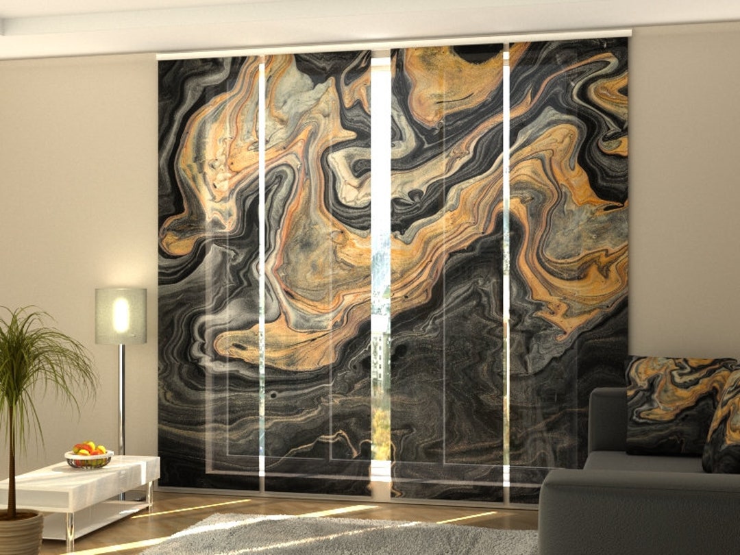 Sliding Panel Curtain Luxury Golden and Black Marble, Set of 4 Blinds ...