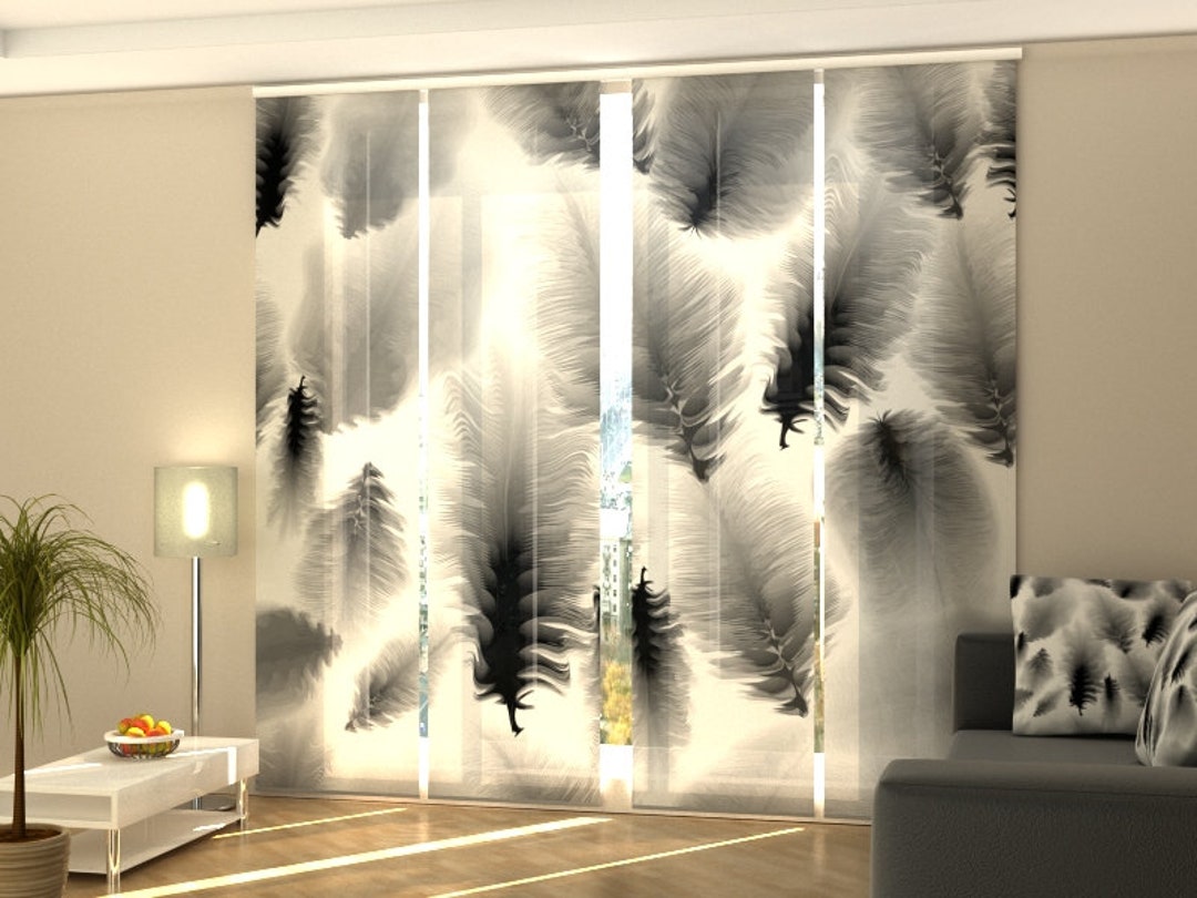 Sliding Panel Blinds Abstract Feathers in Black and White, Set of 4 ...