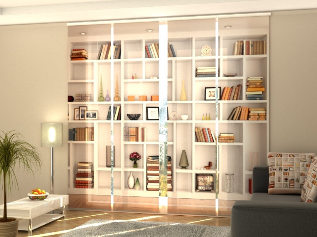 Sliding Panel Curtain White Bookcase, Set of 4 Vertical Blinds for ...