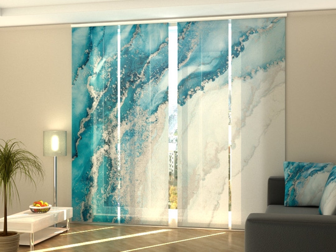 Sliding Panel Curtain Abstract Sea and Silver Waves, Set of 4, Vertical ...