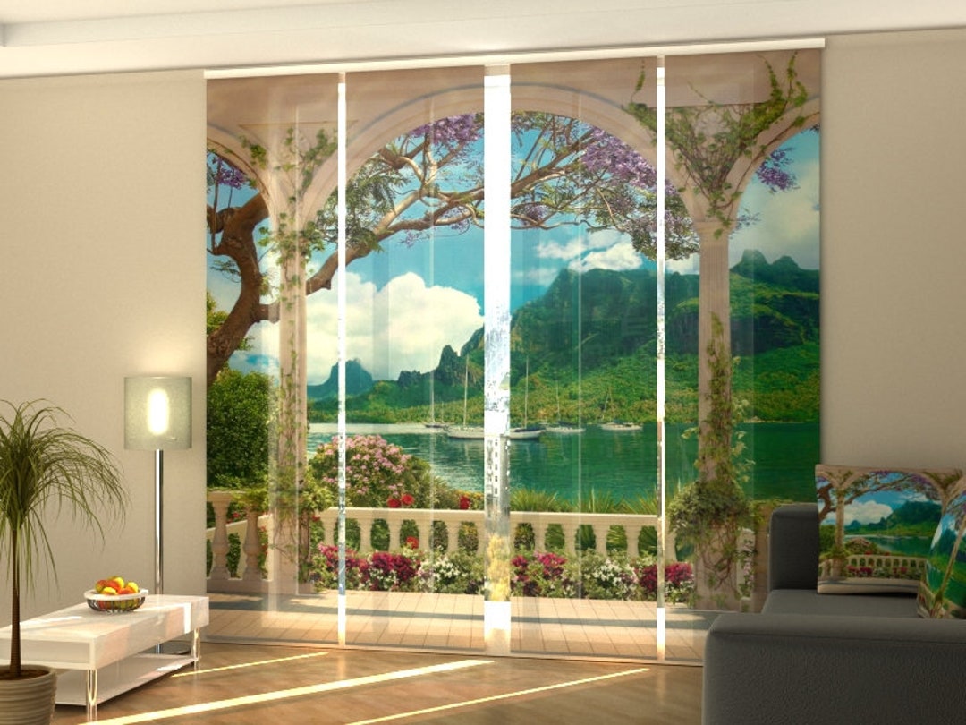 Sliding Panel Blinds Terrace Overlooking the Sea, Set of 4 Panel ...