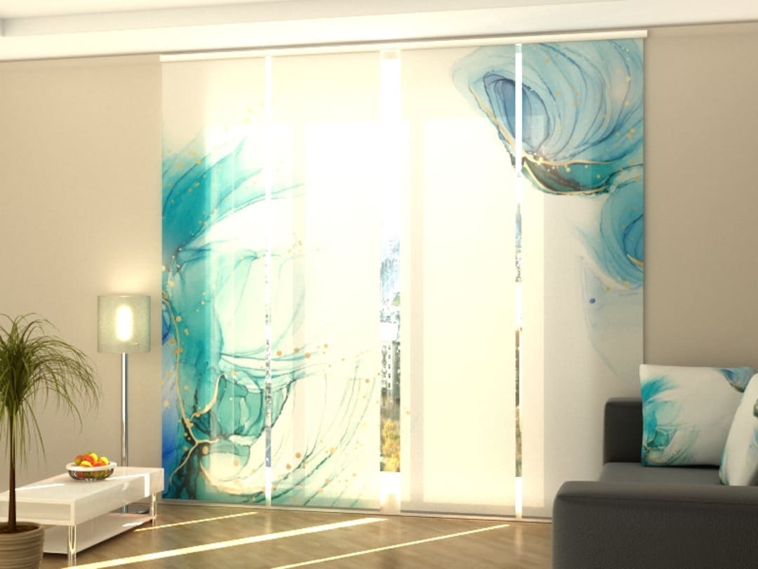 Sliding Panel Blinds Turquoise-green Watercolor With Gold Lines, Set of ...