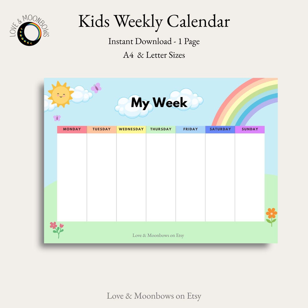 Kids Weekly Calendar Printable | A4 & US Letter PDF | Landscape Layout ...