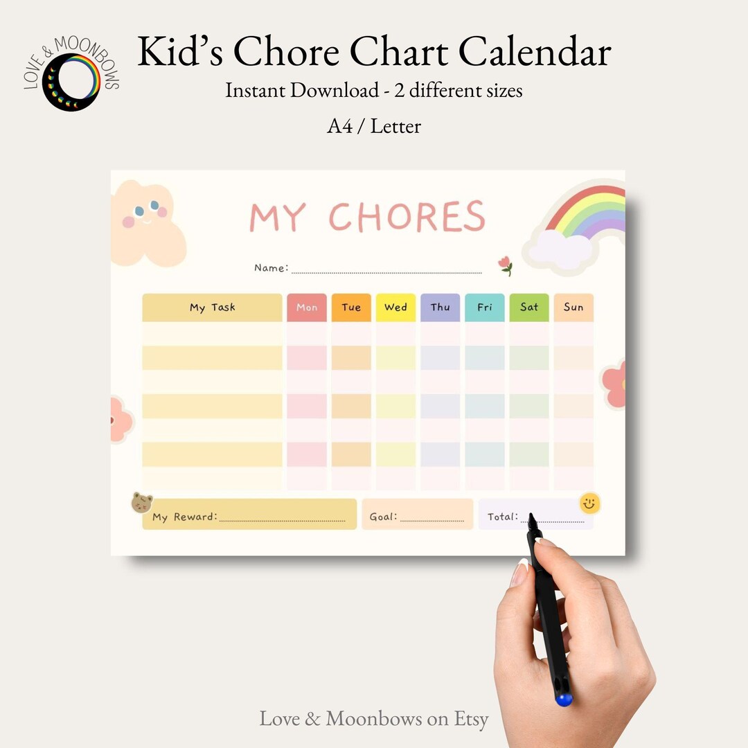 Kids Weekly Chore Calendar Printable | A4 & US Letter PDF | Landscape ...
