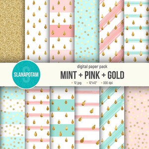 Digital Paper Pack MINT+PINK+GOLD, Golden Drops on Striped Background ...