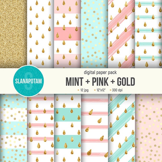 Digital Paper Pack MINTPINKGOLD Golden Drops on Striped | Etsy