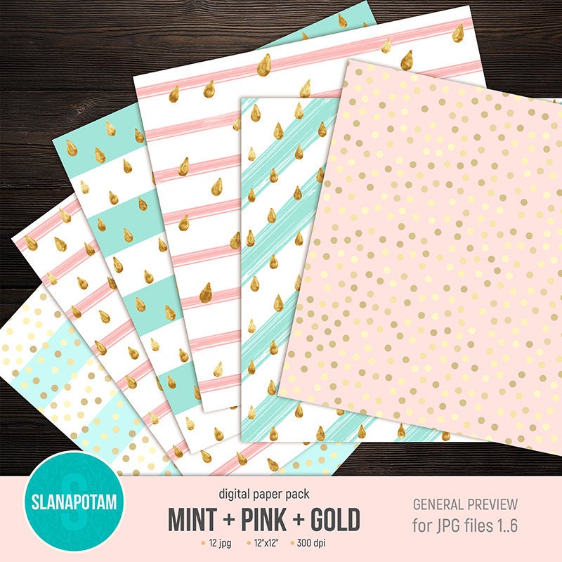 Digital Paper Pack MINT+PINK+GOLD, Golden Drops on Striped Background ...