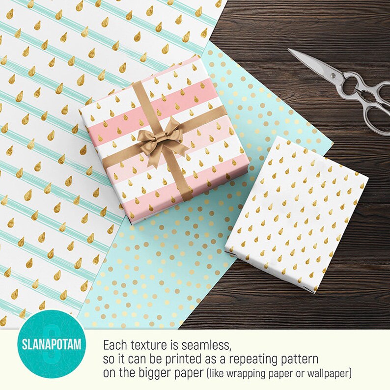 Digital Paper Pack MINT+PINK+GOLD, Golden Drops on Striped Background ...