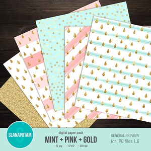 Digital Paper Pack MINT+PINK+GOLD, Golden Drops on Striped Background ...