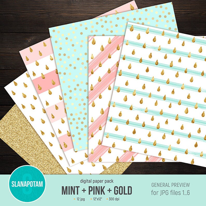 Digital Paper Pack MINT+PINK+GOLD, Golden Drops on Striped Background ...