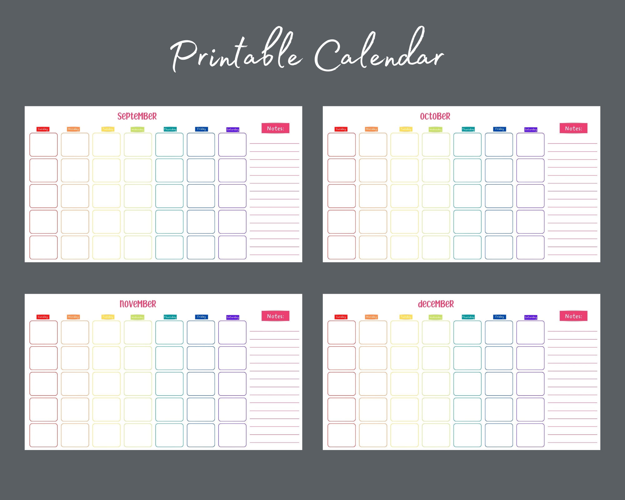 Printable Monthly Calendar | Blank Planner | Rainbow | Yearly Planner ...