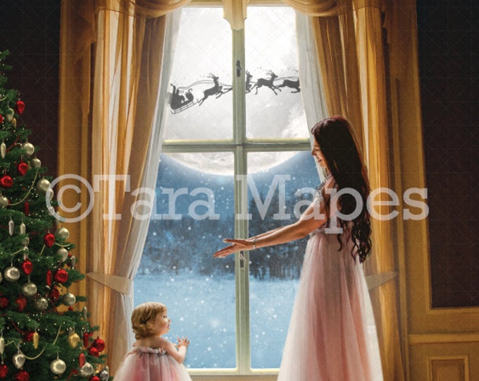 Christmas Window Digital Backdrop Big Window With Santa in Moon Window ...