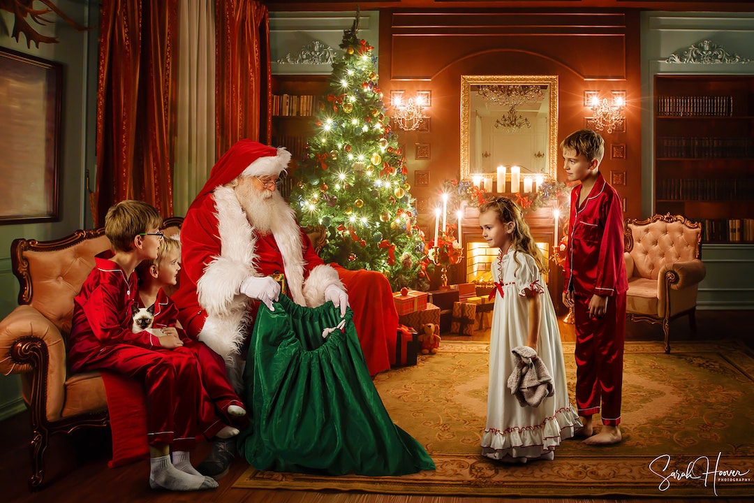 Christmas Digital Backdrop Santa on Couch With Gift Bag Santa With Gift ...