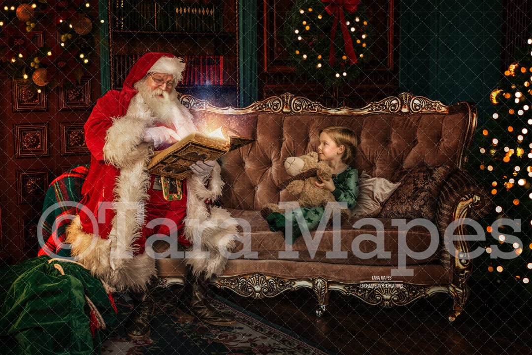 Santa Digital Christmas Digital Backdrop Santa Reading Book on Couch by ...
