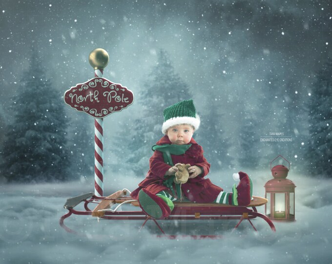 Christmas Digital Backdrop Sled in North Pole Christmas Digital ...
