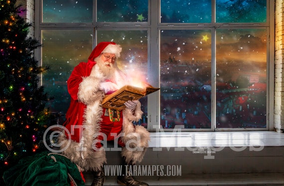 Christmas Digital Backdrop Santa Reading Book Santa Reading | Etsy
