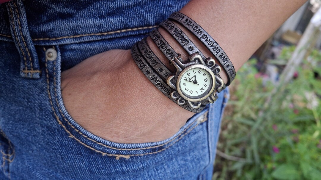 Black Vintage Wrap Watch Embossed Leather Boho Bracelet Watches for ...