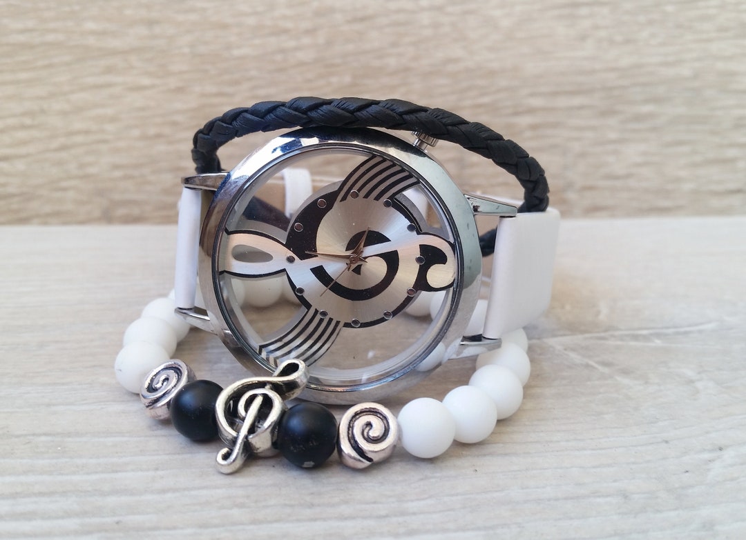 Music Lover Watch White Leather Musical Notes Watches Musician Teacher ...