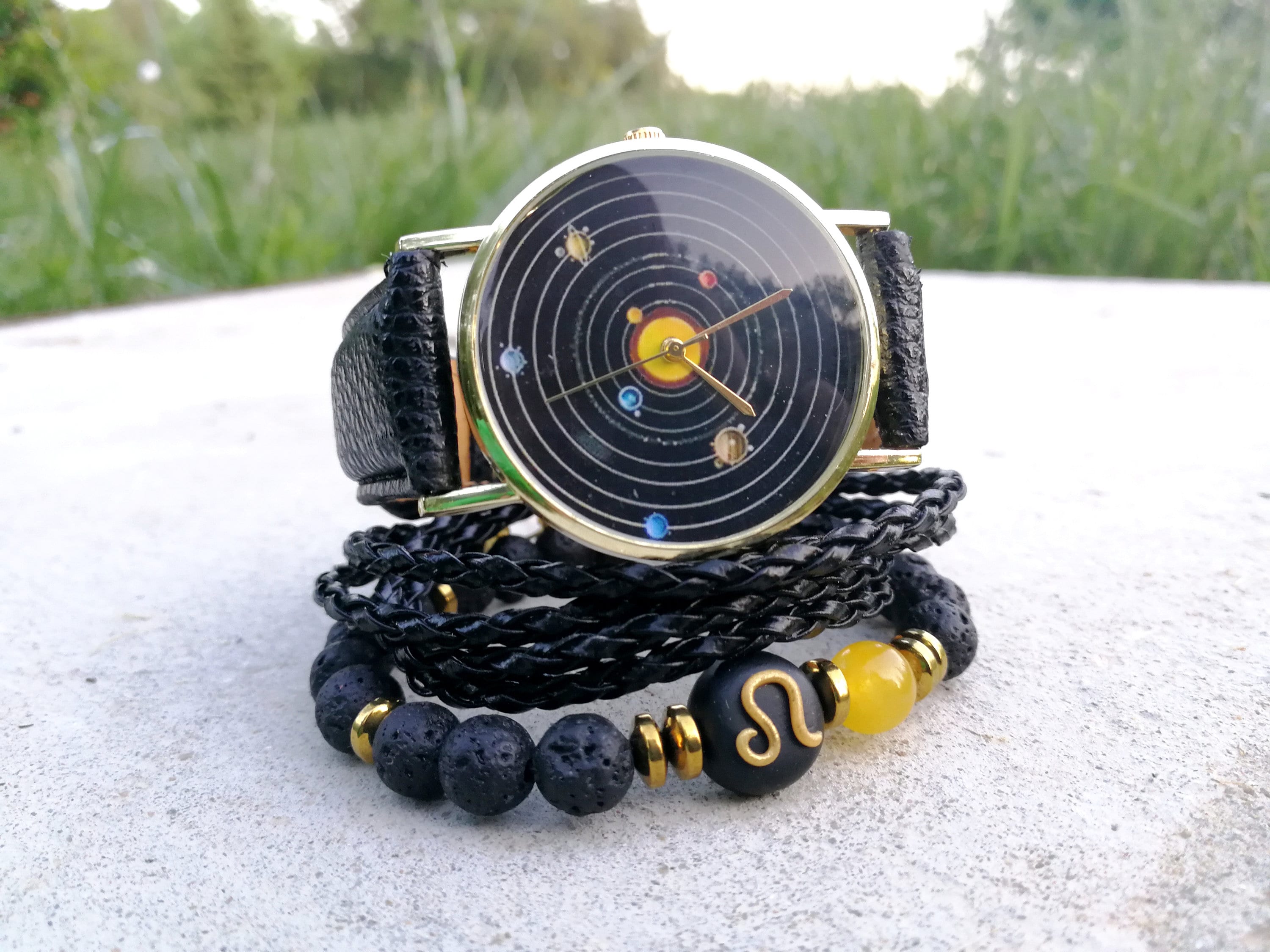 Black Leather Watch Solar System Watch Bracelet Custom Zodiac Jewelry ...