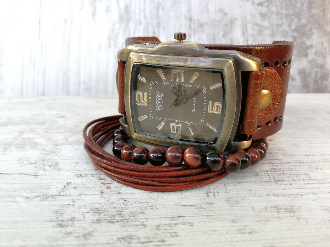 Brown Watch for Men Leather Cuff Watch Men Boho Watch for - Etsy UK