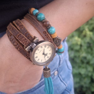 Brown Boho Watches for Women Wrap Hippie Watch Embossed Leather ...