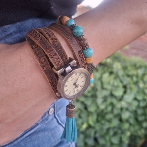 Brown Boho Watches for Women Wrap Hippie Watch Embossed Leather ...