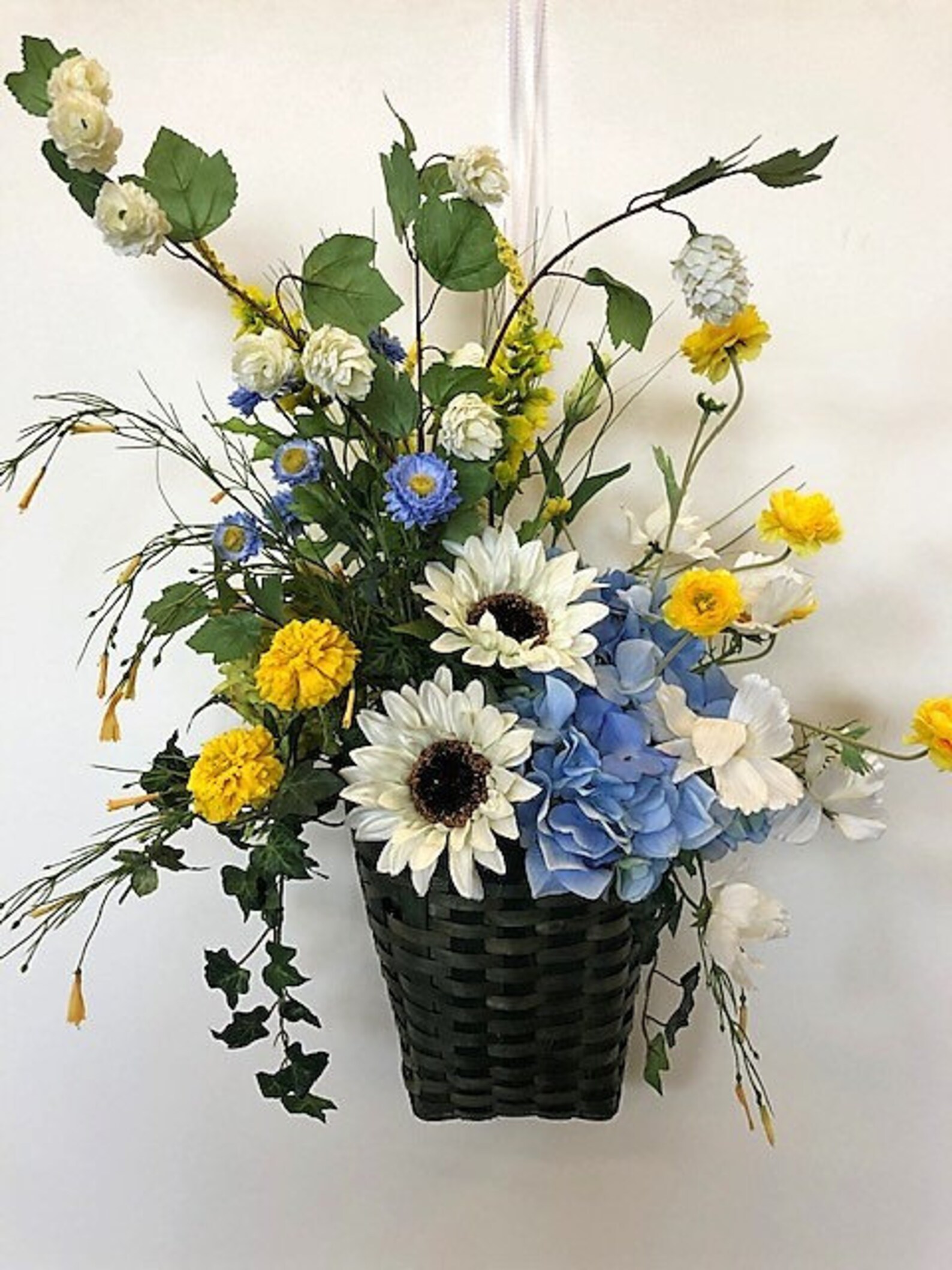 Cream Blue and Gold Silk Floral Hanging Wall Basket with | Etsy