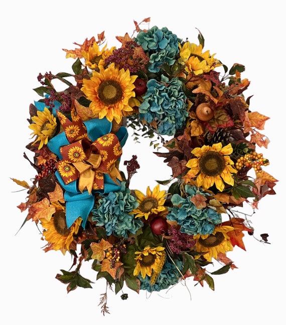 Teal Hydrangea With Gold Sunflowers Fall Silk Floral Front - Etsy