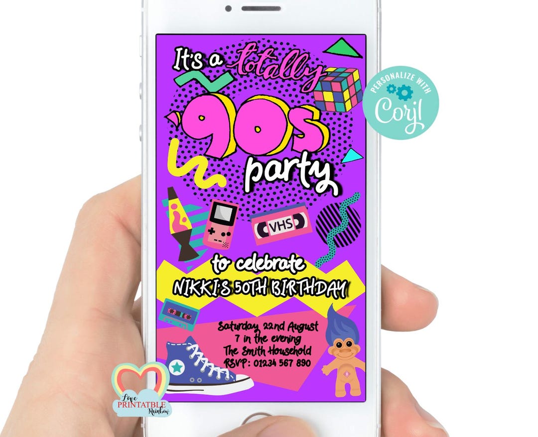 Editable 90s Party Text Invitation Corjl Template | Digital Retro ...