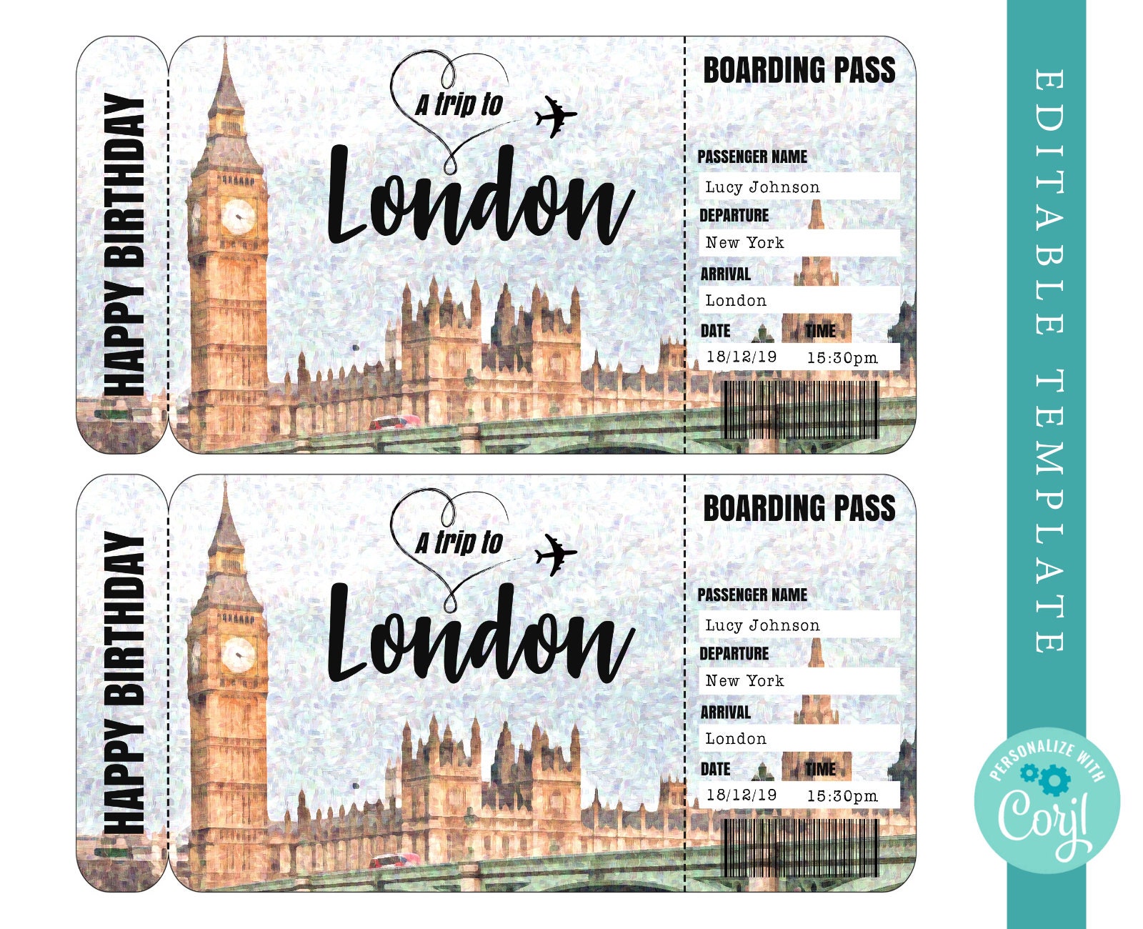 London Boarding Pass Template Trip to London Airplane Ticket | Etsy