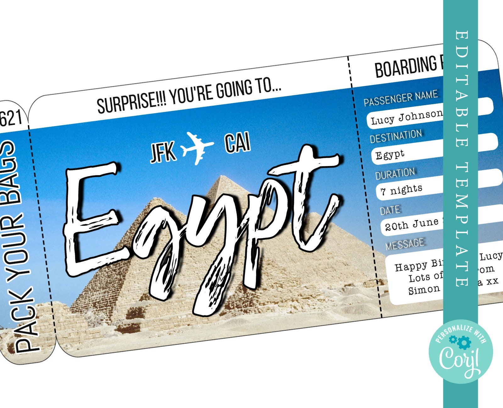 Egypt Boarding Pass Template Trip to Cairo Airplane Ticket | Etsy