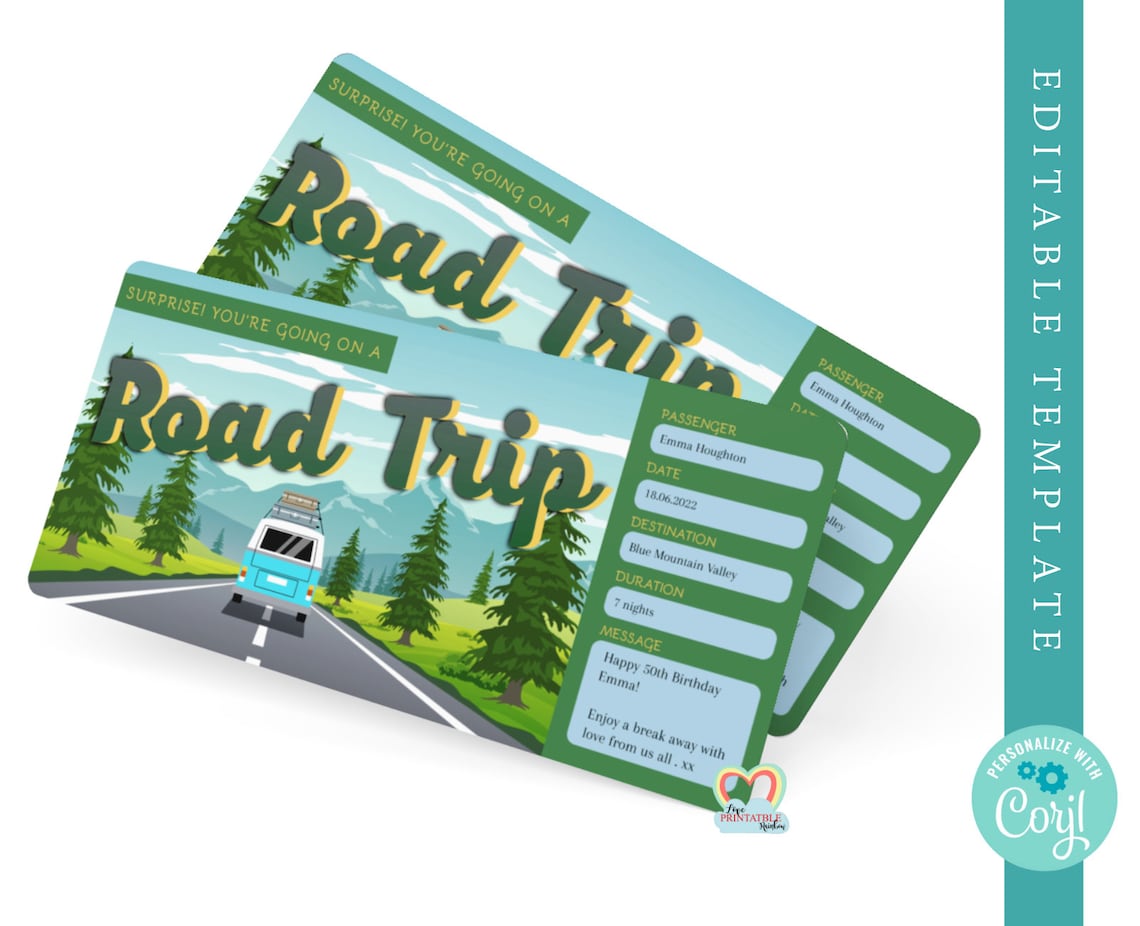 Road Trip Ticket DIY Printable Editable Adventure RV Mountain - Etsy