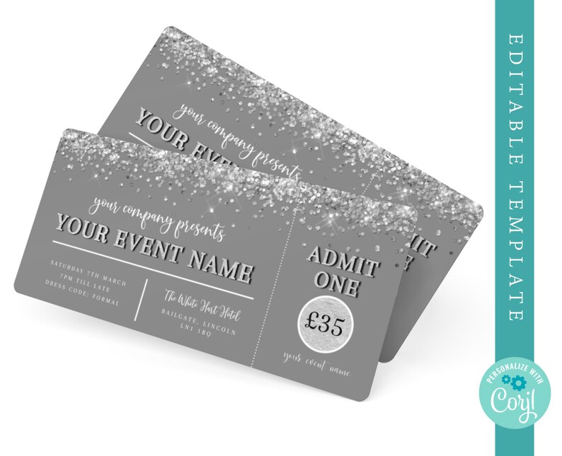 Silver Glitter Event Ticket Printable Editable Event Ticket - Etsy